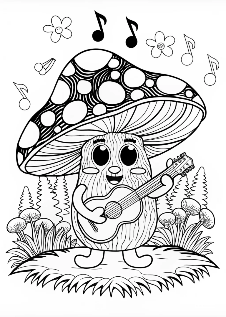 Mushroom Musician: Grooving with a Guitar Coloring Page - Free & Printable