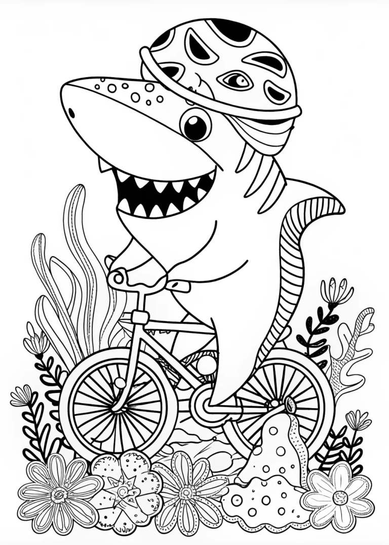 Shark Riding a Bicycle Adventure Coloring Page - Free & Printable