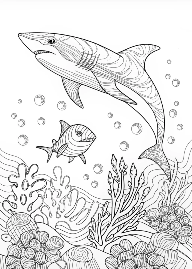 Underwater Adventure with Sharks and Dolphins Coloring Page - Free ...