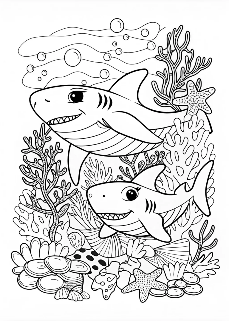 Two Sharks Swimming Coloring Page - Free & Printable