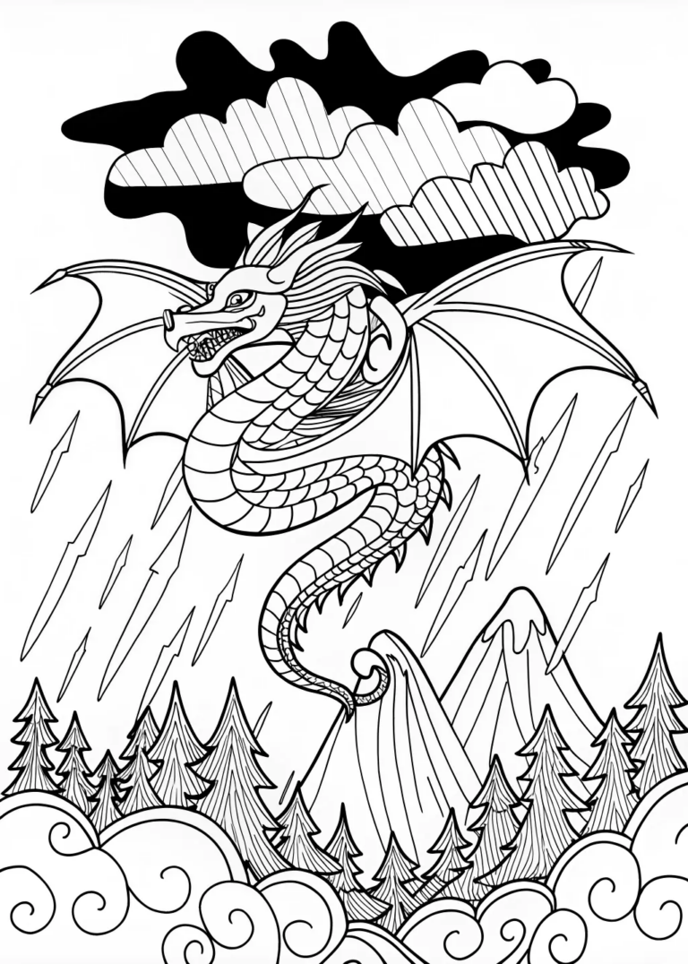 Fierce Dragon Soaring Through the Clouds Coloring Page - Free & Printable