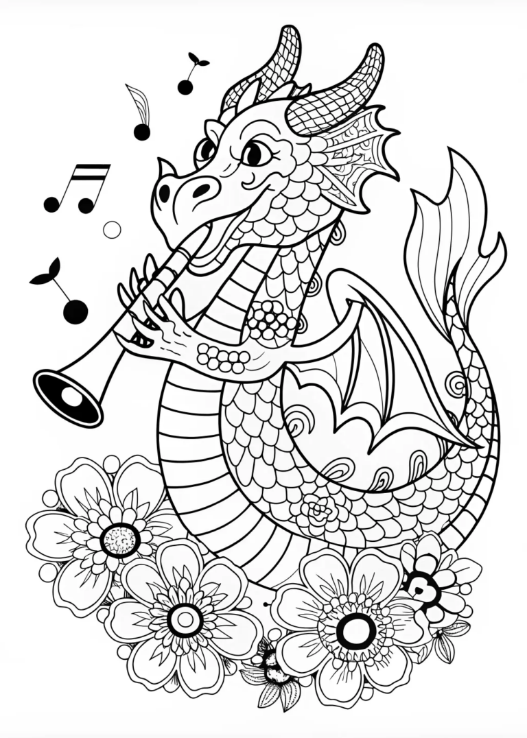 Dragon Playing Guitar Coloring Page - Free & Printable