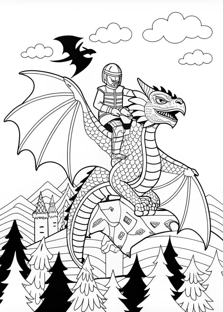 Fierce Dragon in Mountain Landscape Coloring Page - Free & Printable