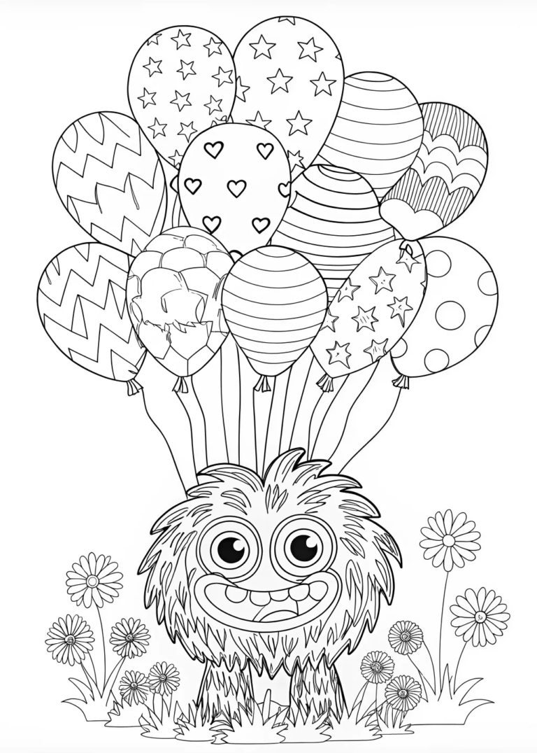 Furry Monster and Balloon Coloring Page - Free & Printable