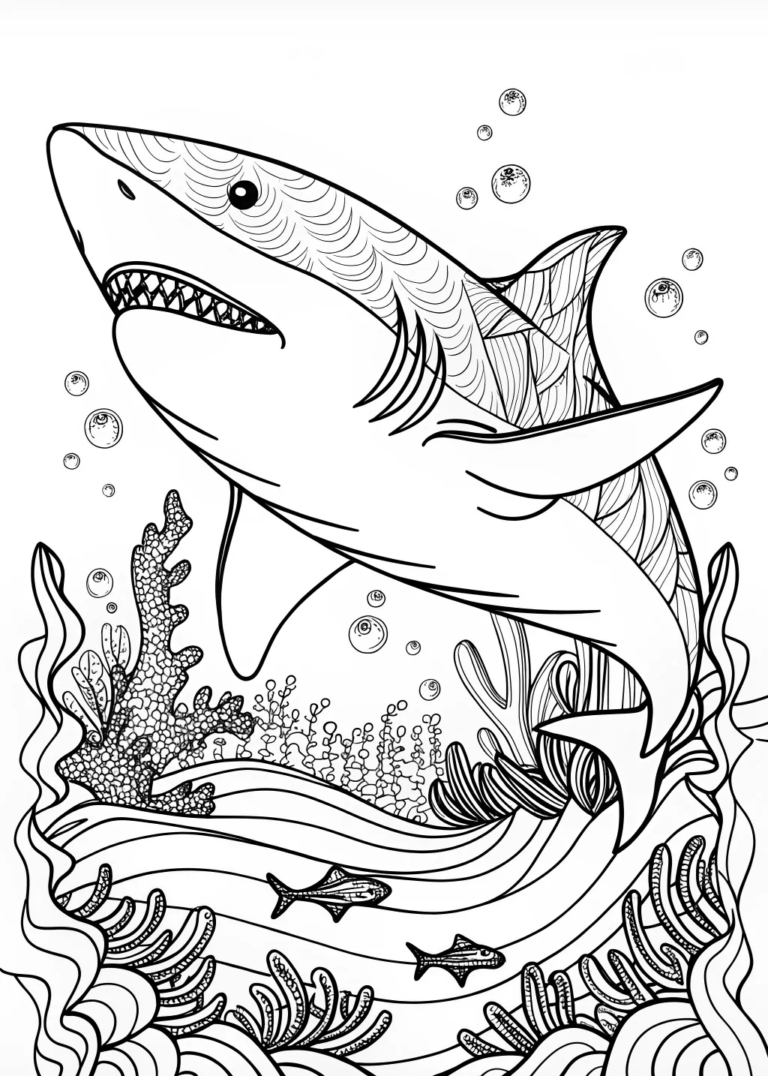 Shark Swimming Through Ocean Waves Coloring Page - Free & Printable