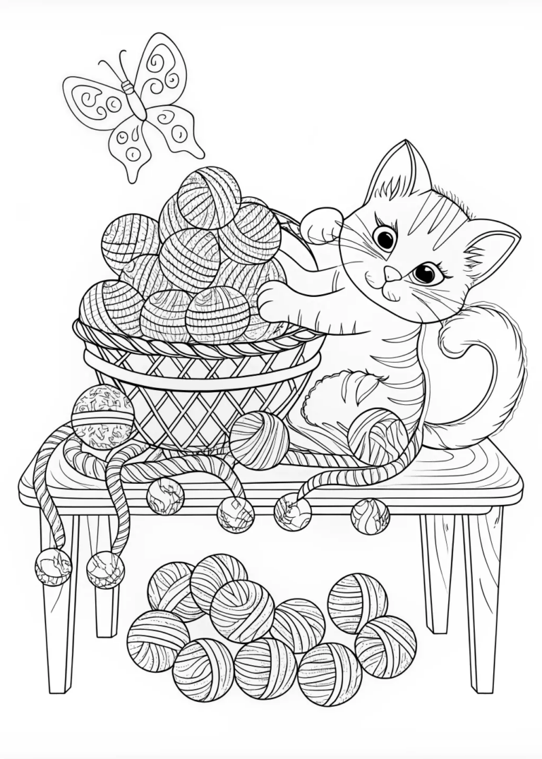 Kitty with Yarn: A Fun Coloring Adventure Coloring Page - Free & Printable