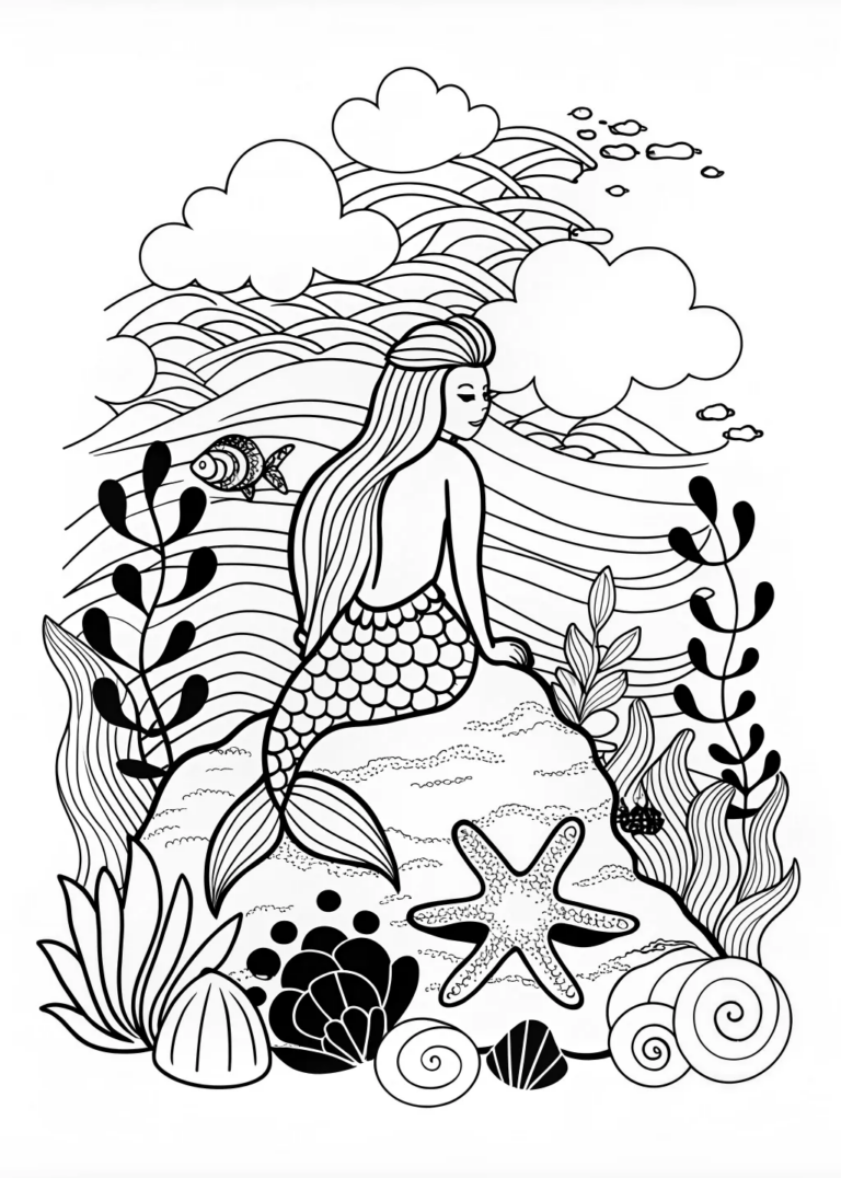 Mermaid Serenity by the Sea Coloring Page - Free & Printable