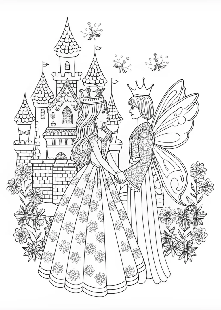 Princess and Fairy by the Enchanted Castle Coloring Page - Free & Printable