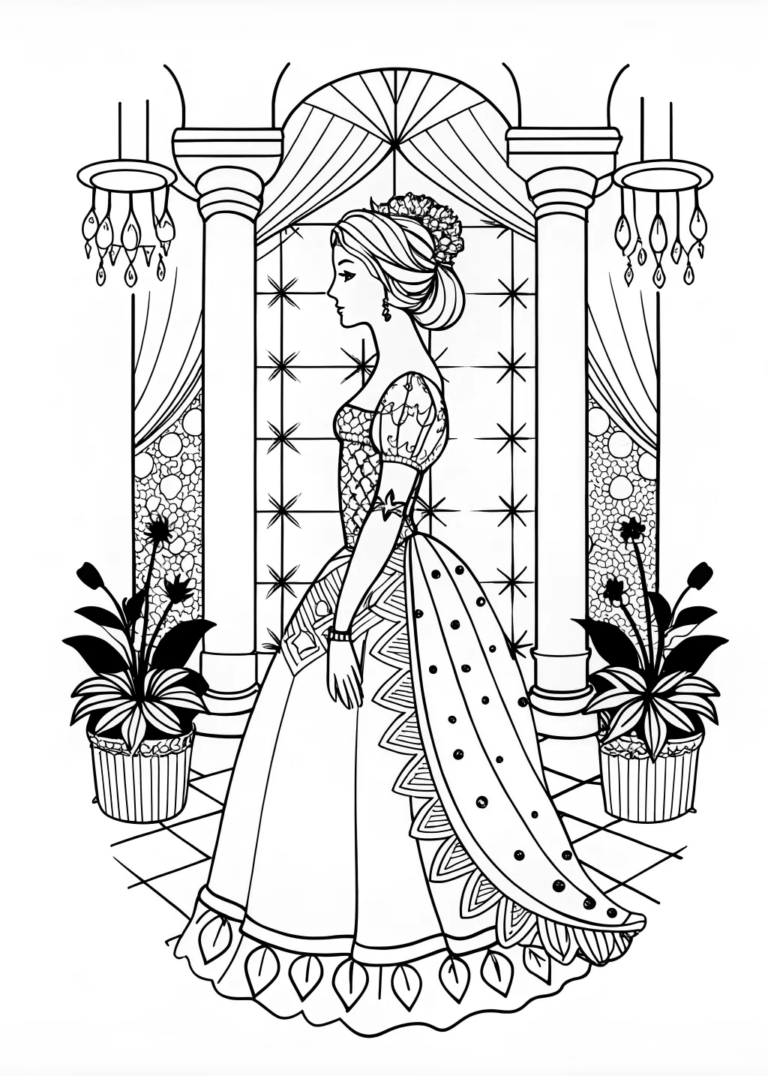 Princess in Elegant Gown Coloring Page - Free & Printable
