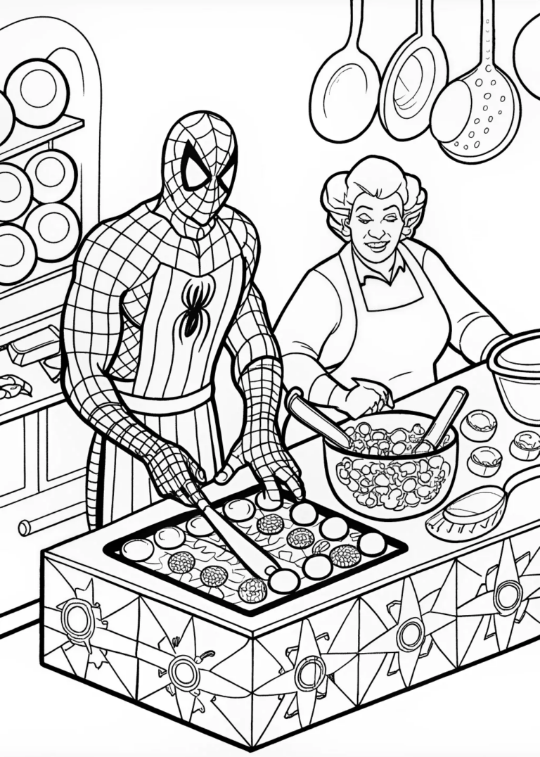 Spider-Man Cooking in the Kitchen Coloring Page - Free & Printable
