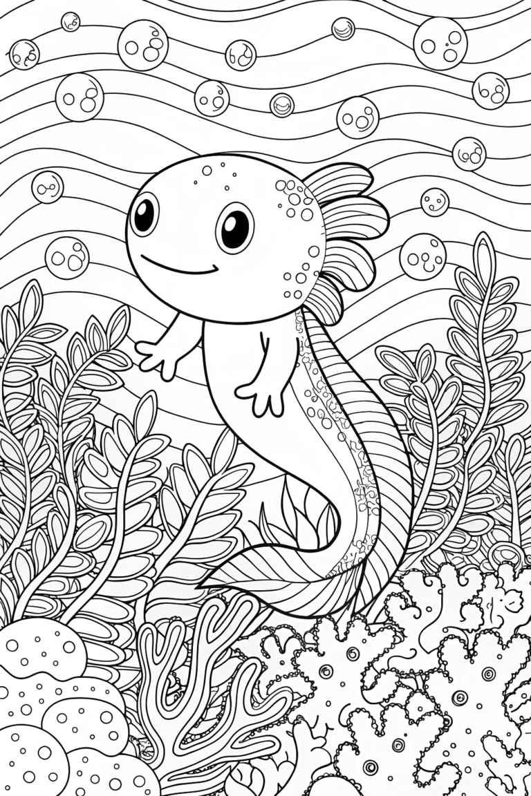 Axolotl's Colorful Underwater Journey Coloring Page - Free & Printable
