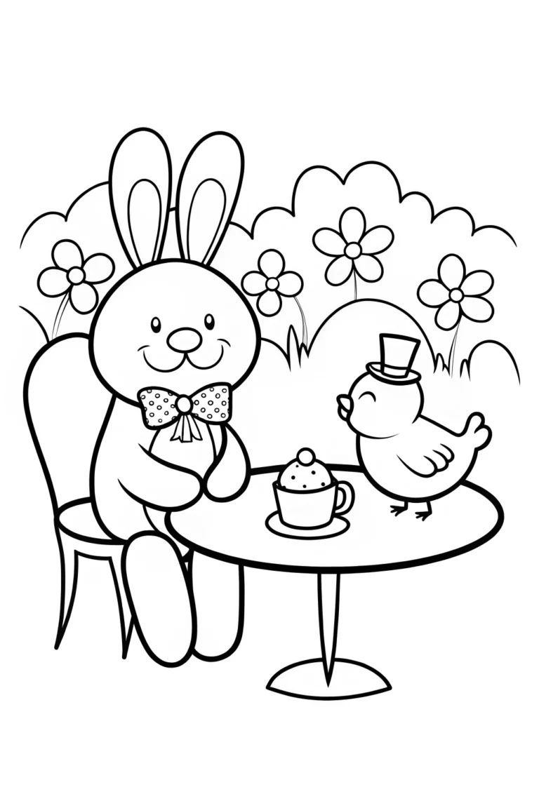 Easter Garden Tea Party with Bunny and Chick Coloring Page - Free ...