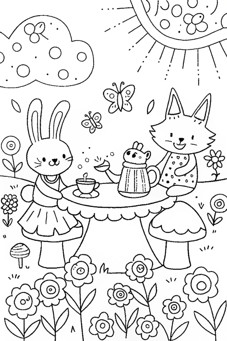 Whimsical Tea Party with Bunny and Fox in the Garden Coloring Page ...