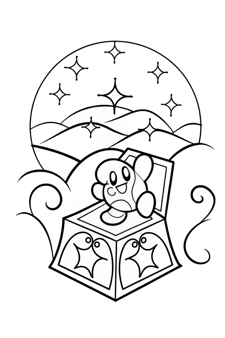 Kirby dancing on a magical music box Coloring Page - Free & Printable