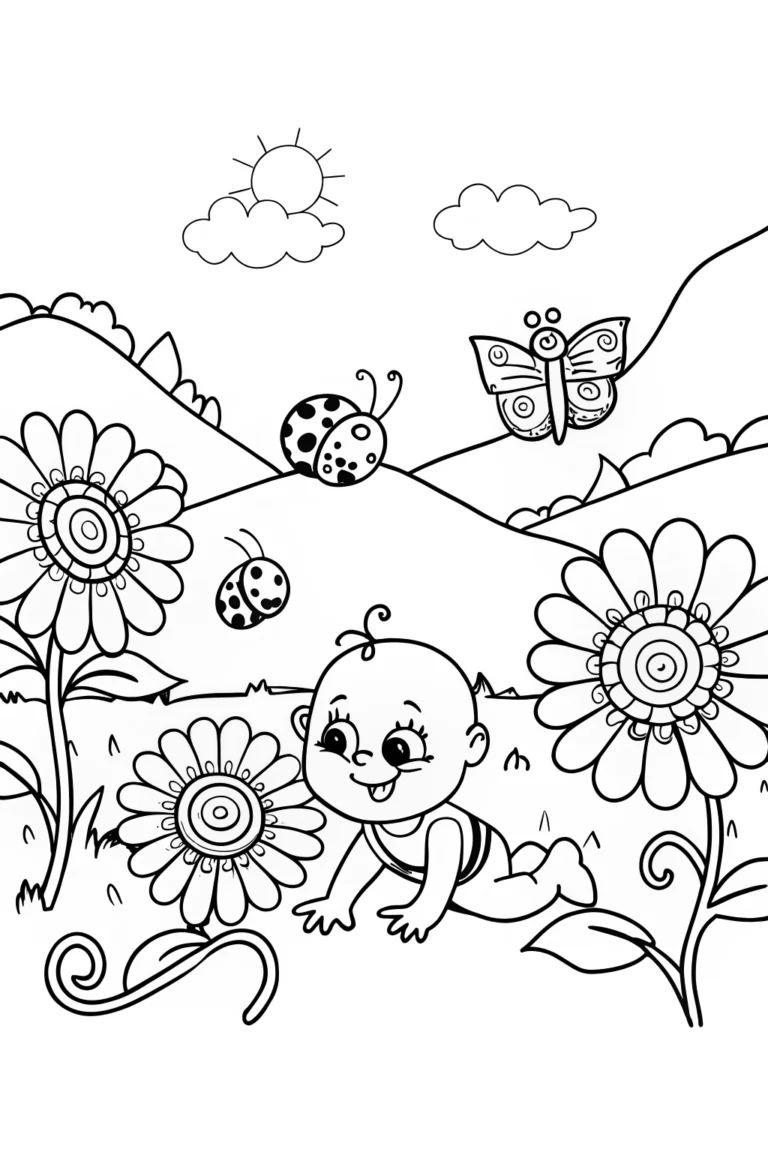 Baby's whimsical garden exploration coloring page Coloring Page - Free ...