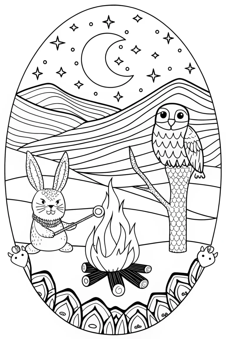 Cozy Campfire Night with Rabbit Coloring Page - Free & Printable
