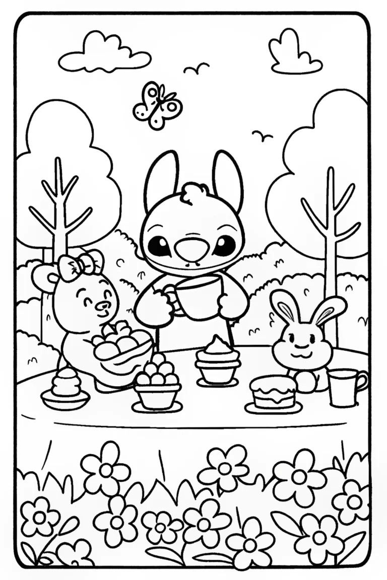 Stitch's Cozy Tea Party Coloring Page - Free & Printable
