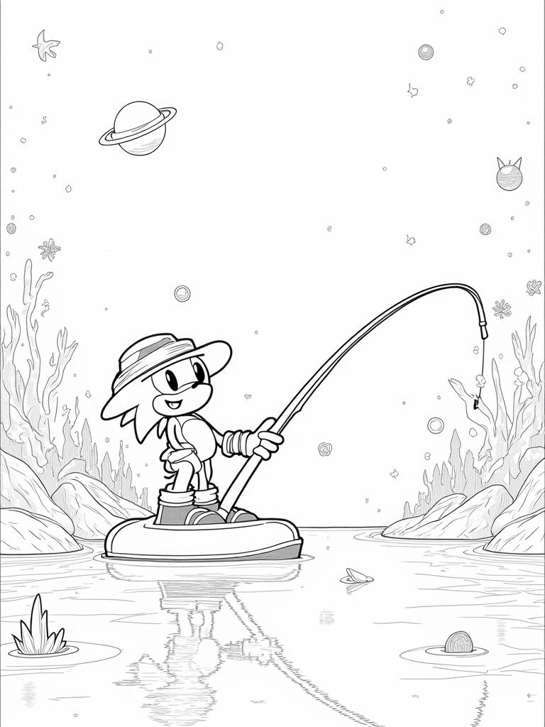 Super Sonic fishing in space Coloring Page - Free & Printable