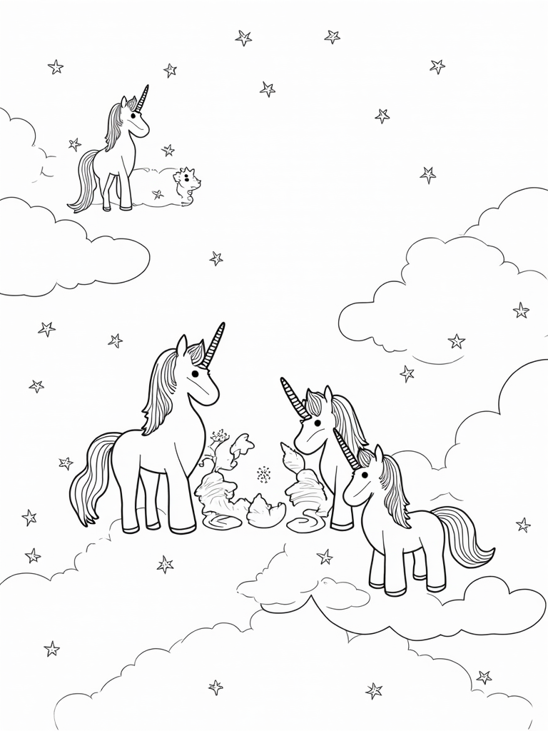 Unicorns crafting dreams in clouds Coloring Page - Free & Printable