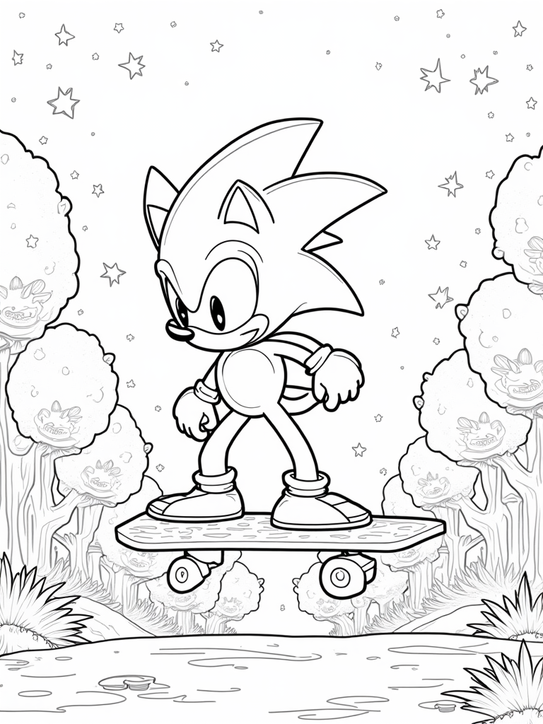 Super Sonic skating in a forest Coloring Page - Free & Printable