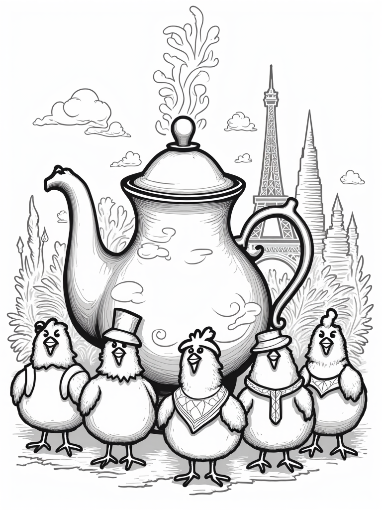 Chickens in a time-traveling teapot Coloring Page - Free & Printable