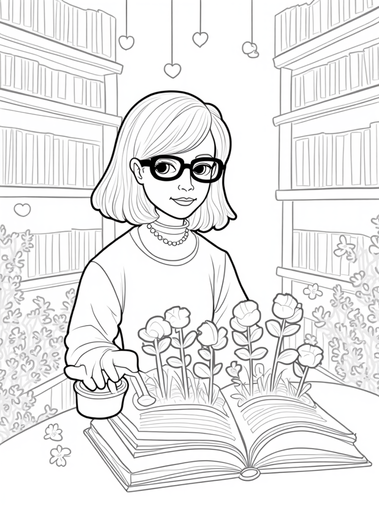 Librarian watering heart flowers Coloring Page - Free & Printable