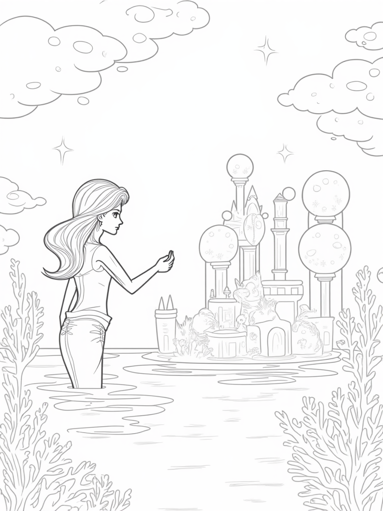 Mermaid exploring a bubble city Coloring Page - Free & Printable