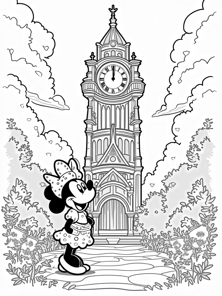 Minnie Mouse at the clock tower Coloring Page - Free & Printable