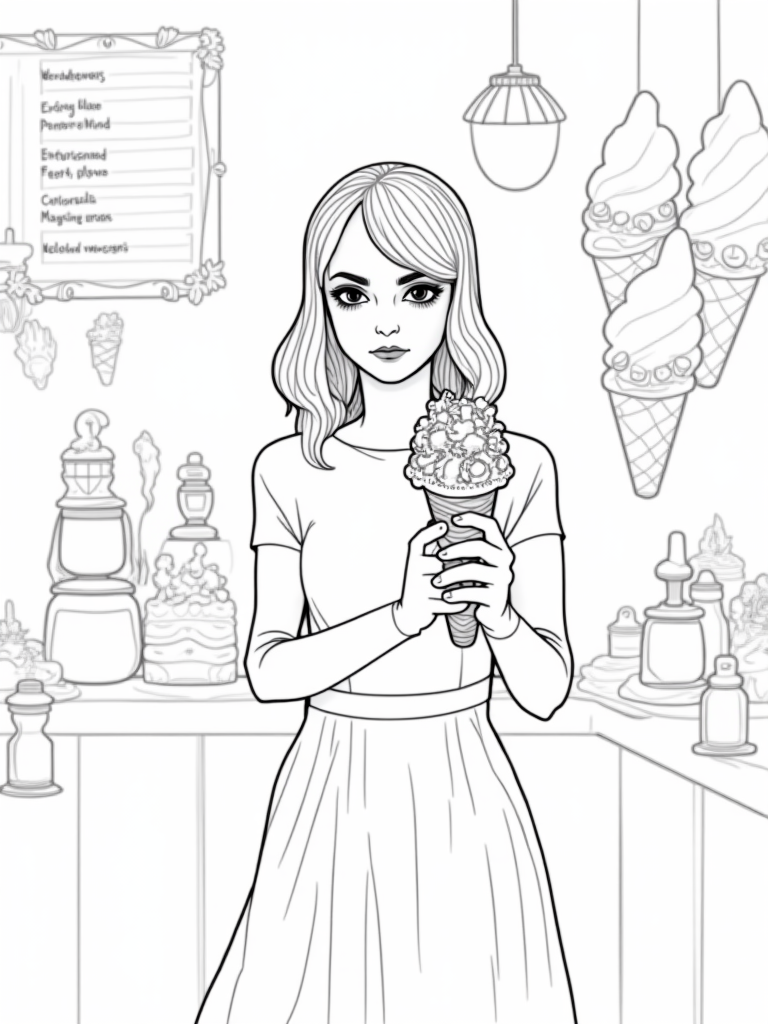 Wednesday Addams in an ice cream parlor Coloring Page - Free & Printable