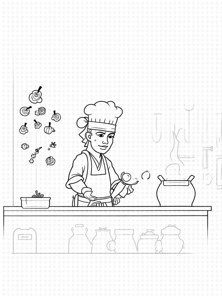 Ninja chef in a magical kitchen Coloring Page - Free & Printable