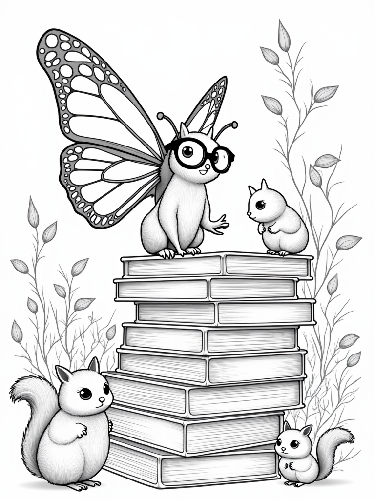 Butterfly librarian organizing books Coloring Page - Free & Printable
