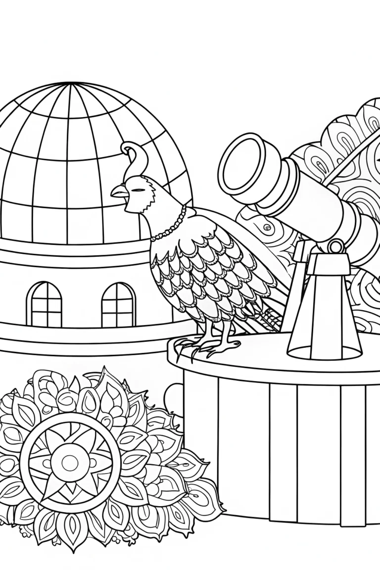 Turkey exploring an observatory Coloring Page - Free & Printable