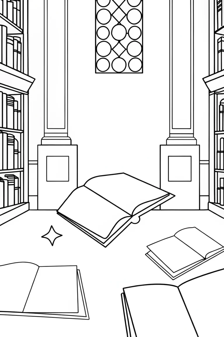 Floating books in a magical library Coloring Page - Free & Printable