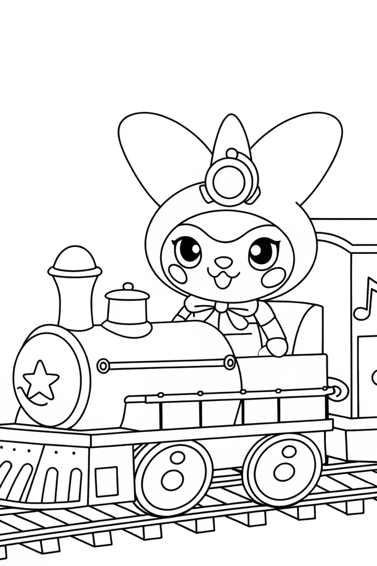 Kuromi riding a musical train Coloring Page - Free & Printable