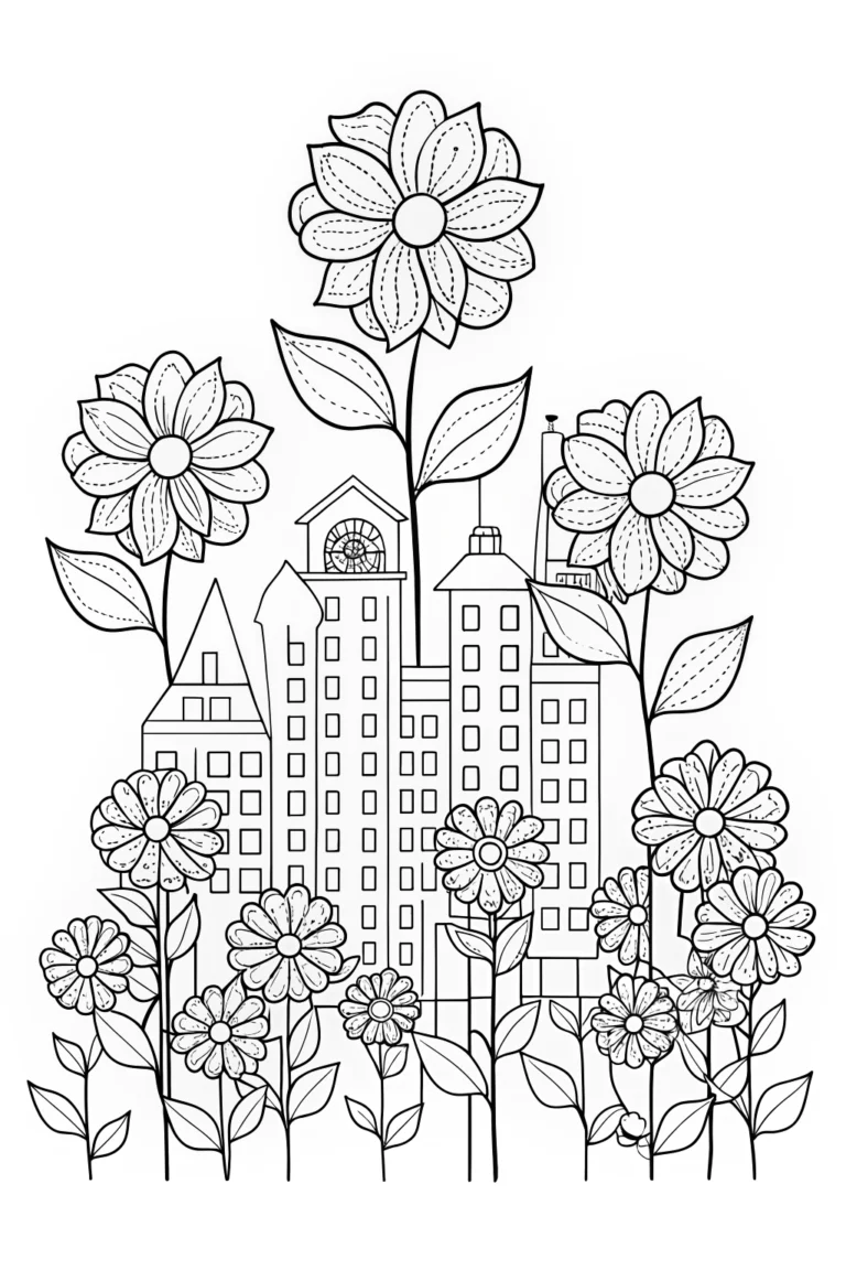 Flower architects in a blooming cityscape Coloring Page - Free & Printable