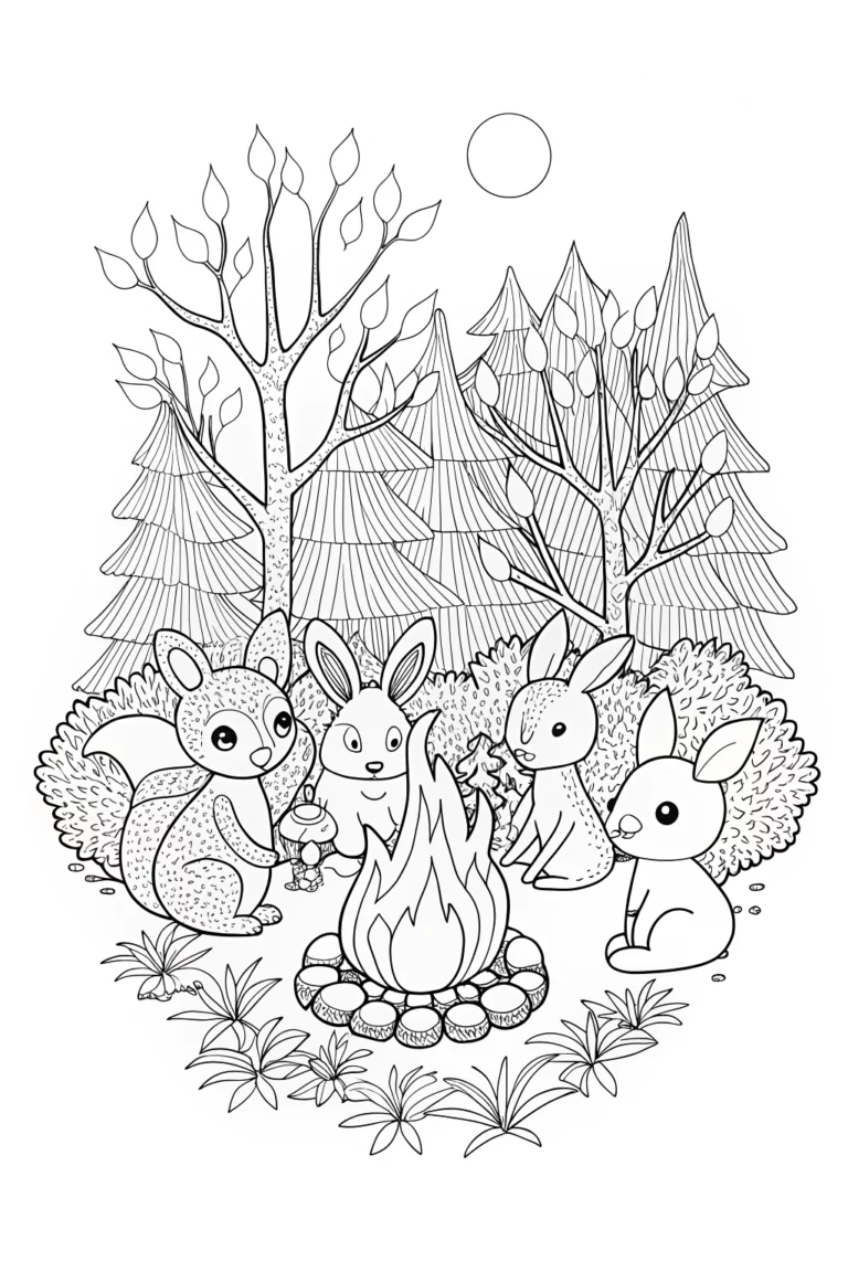 Woodland animals at a campfire Coloring Page - Free & Printable