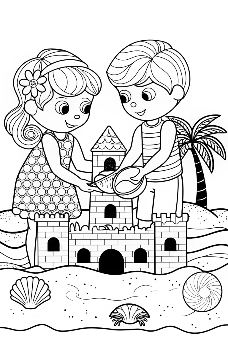 Kids building a sandcastle Coloring Page - Free & Printable