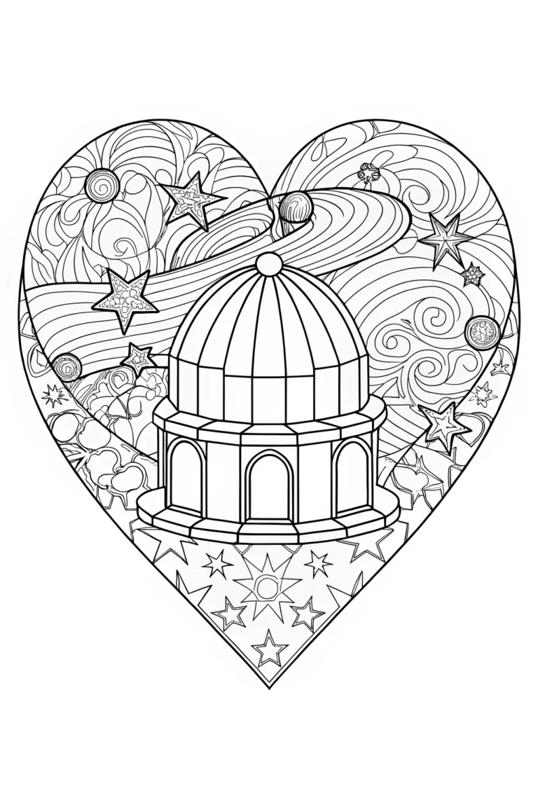 Heart-shaped observatory scene Coloring Page - Free & Printable