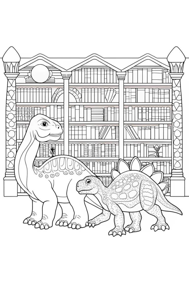 Dinosaurs at the ancient library Coloring Page - Free & Printable