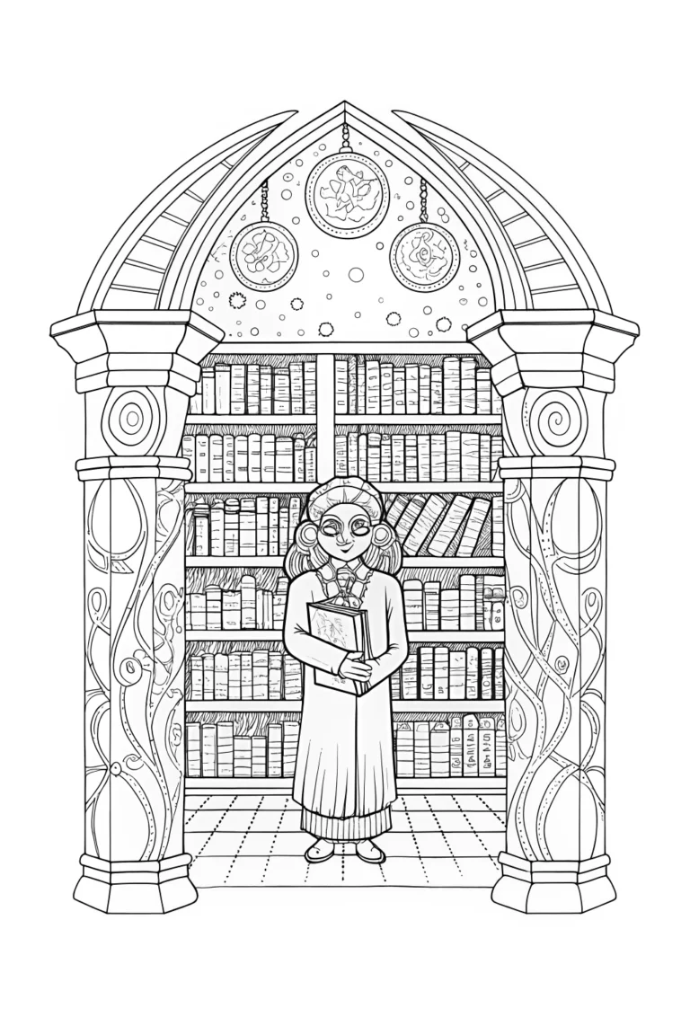 Monster librarian in a magical library Coloring Page - Free & Printable