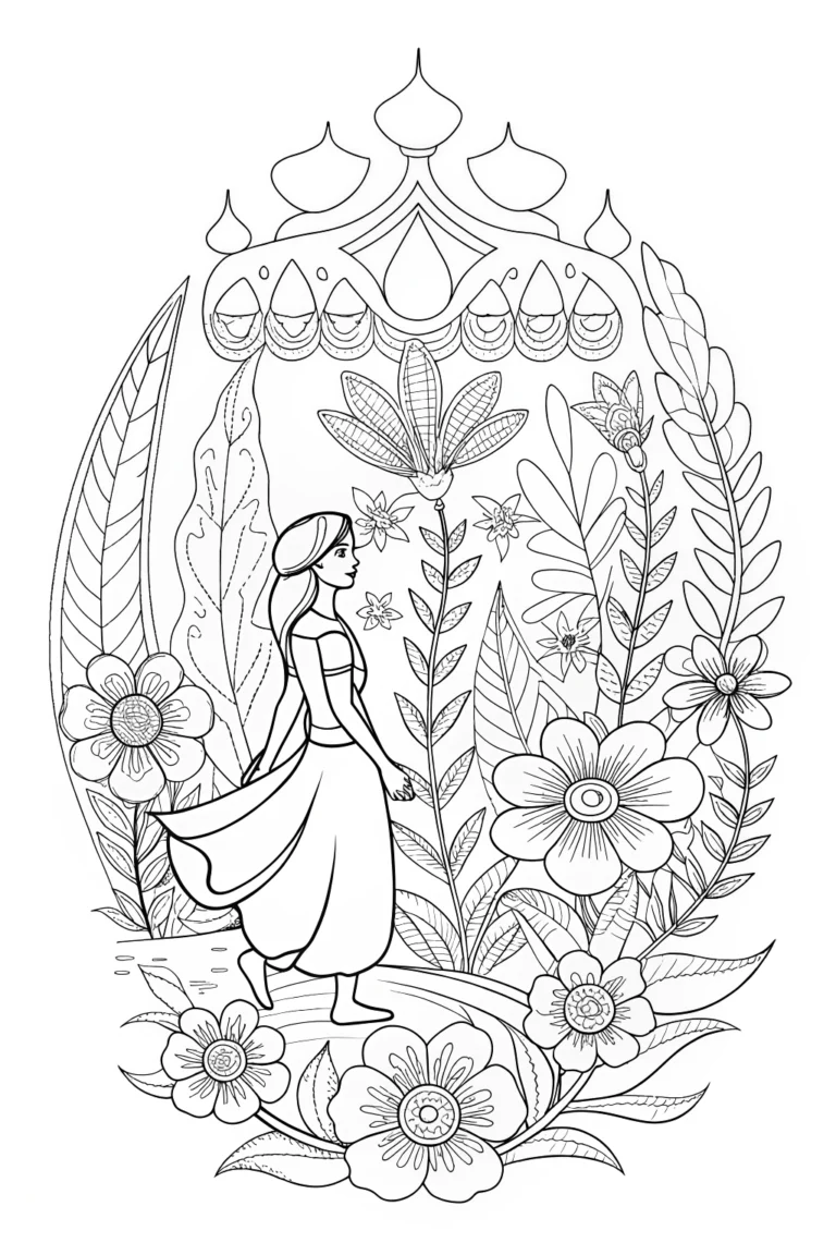 Jasmine exploring a magical garden Coloring Page - Free & Printable
