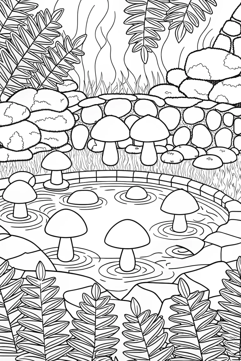 Mushrooms in a hot springs retreat Coloring Page - Free & Printable