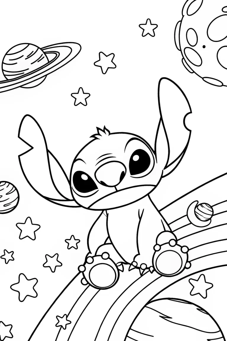 Stitch bouncing in a cosmic playground Coloring Page - Free & Printable