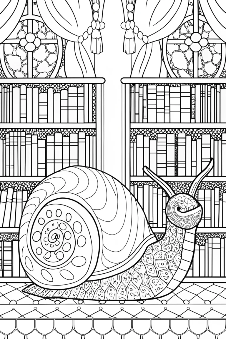 Shelly the snail in a library Coloring Page - Free & Printable