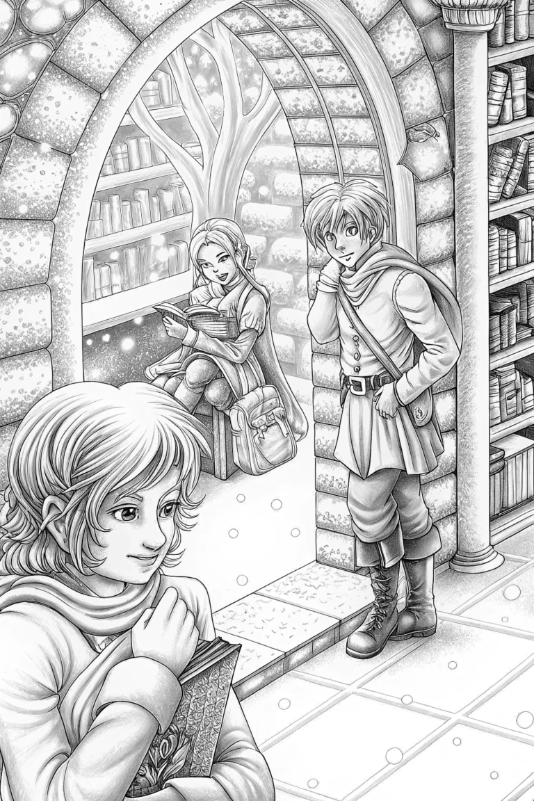 Anime adventurers in a bookstore Coloring Page - Free & Printable