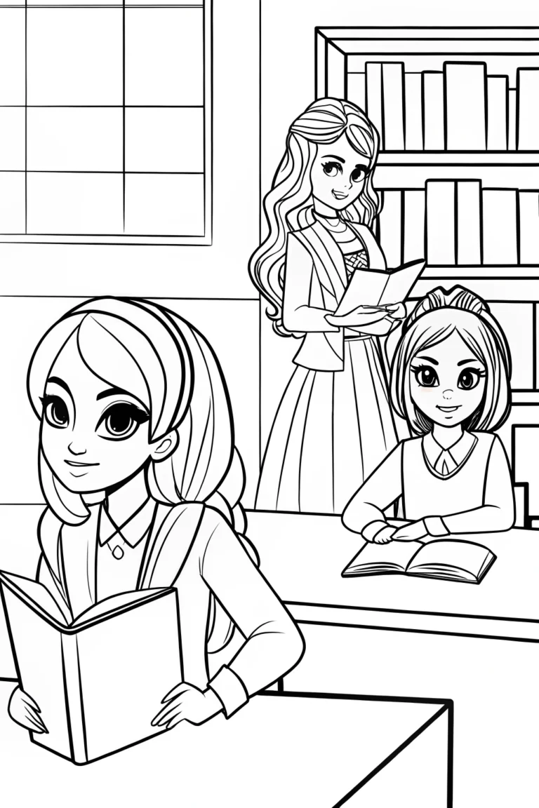 Rainbow High students in a library Coloring Page - Free & Printable