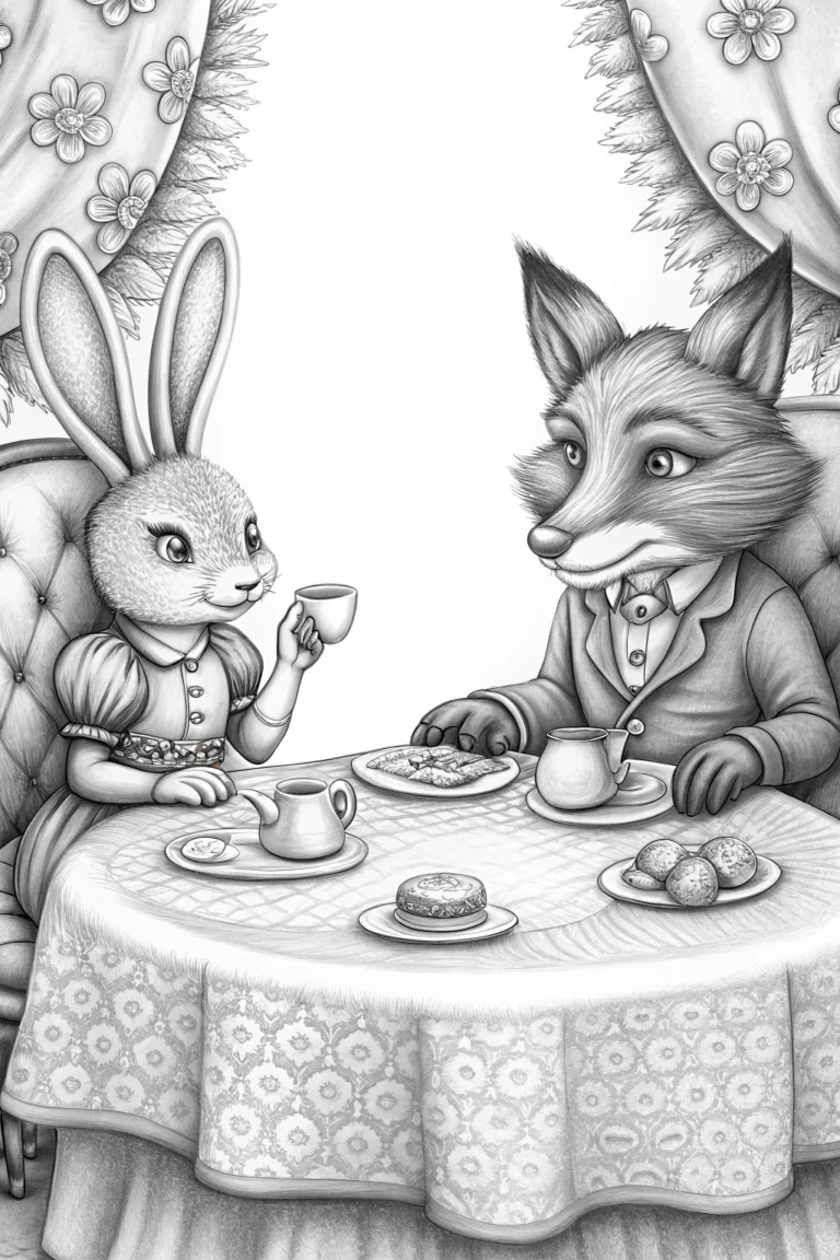 Bunny and fox tea party Coloring Page - Free & Printable