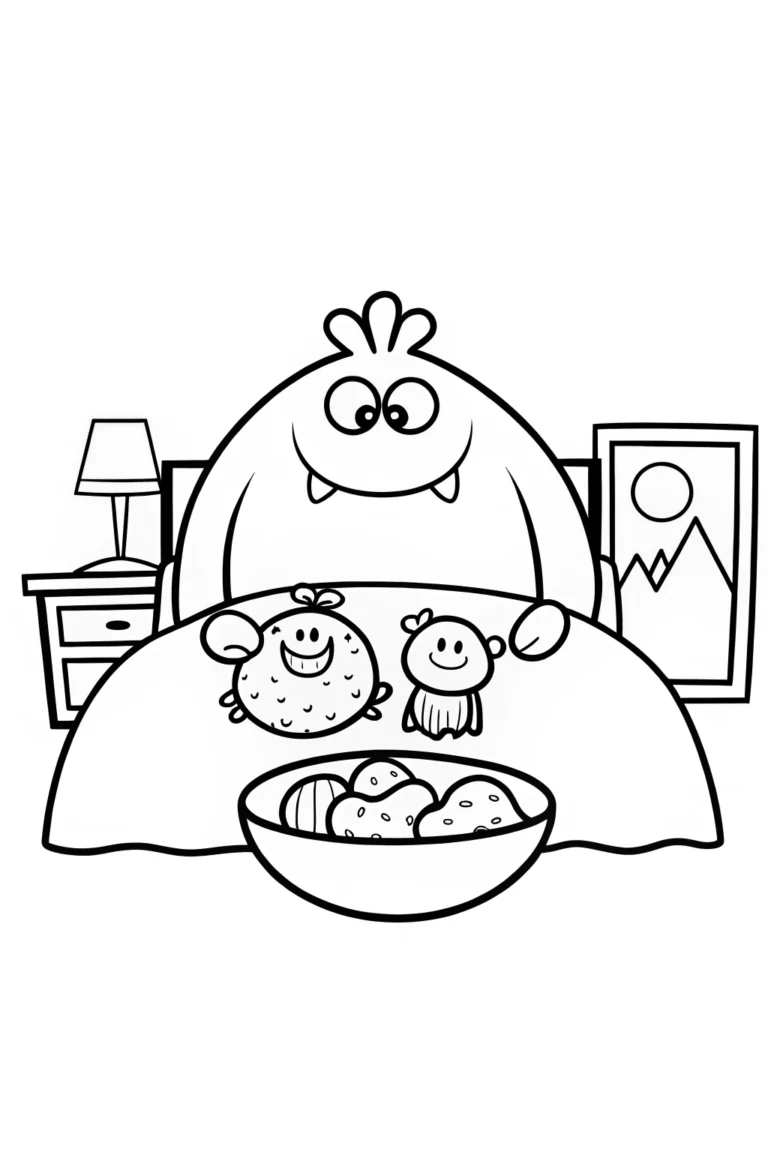 Monster hosting a sleepover Coloring Page - Free & Printable