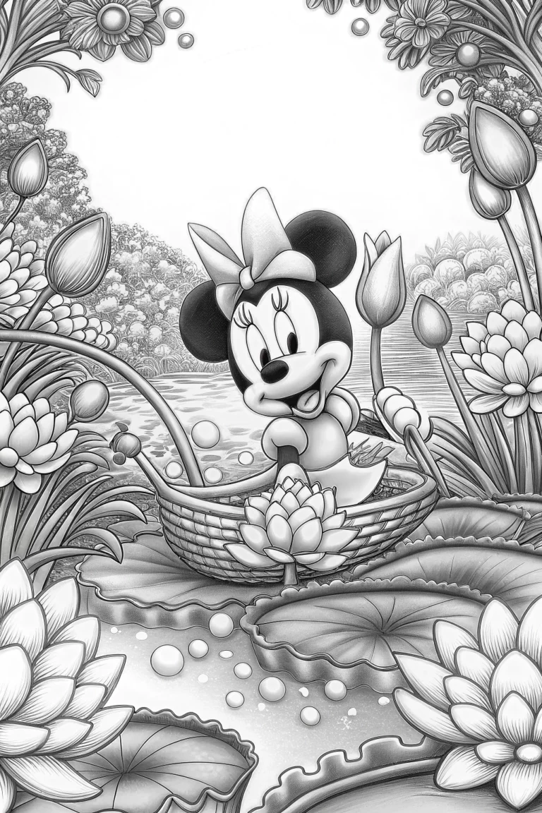 Minnie Mouse in a floating garden Coloring Page - Free & Printable