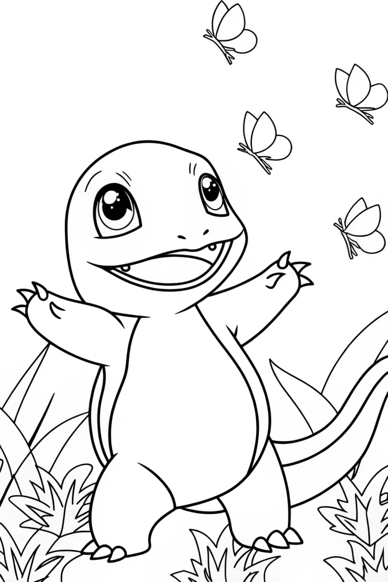 Charmander dancing with fireflies Coloring Page - Free & Printable